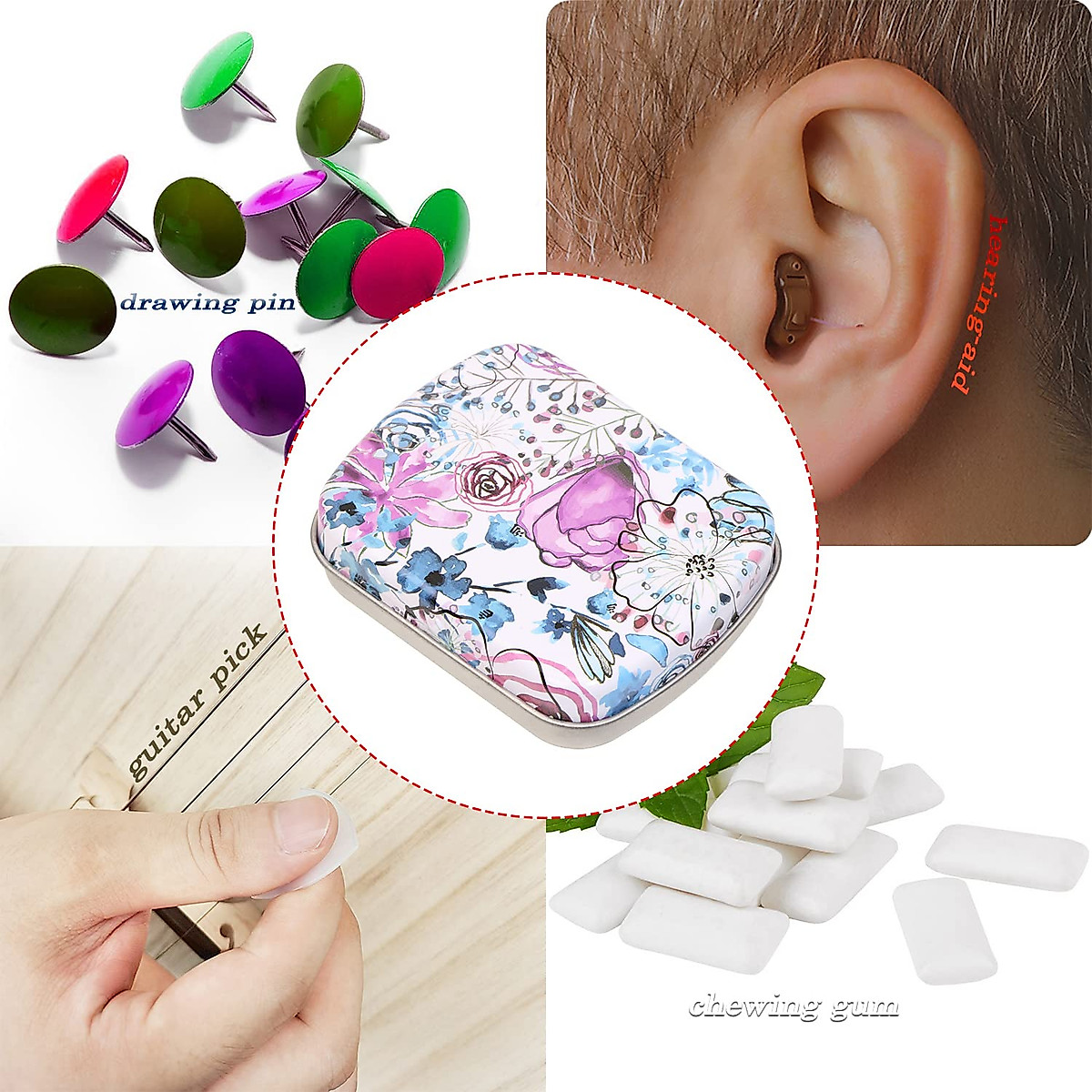 Mini Skater Small Metal Portable Storage Box, Mini Rectangle Empty Hinged Tins with Lid, Home Organizer for Drawing Pin, Pills, Candies, Earring and Jewelry Craft, 4Pcs (Floral)