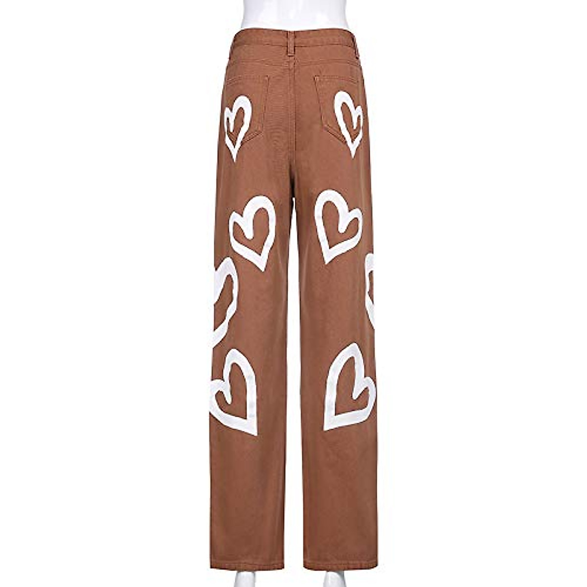 N/ D Women's Patchwork Pants Hight Waist Distressed Straight Wide Leg Denim Jeans Fashion Pencil Trousers (Brown Heart, S)