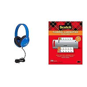 Egghead Heavy-Duty Kids' Headphones w/Tangle-Free Fabric Cord (Pack of 10) Blue & Scotch Thermal Laminating Pouches, 200-Pack, 8.9 x 11.4 Inches, Letter Size Sheets, Clear, 3-Mil (TP3854-200)