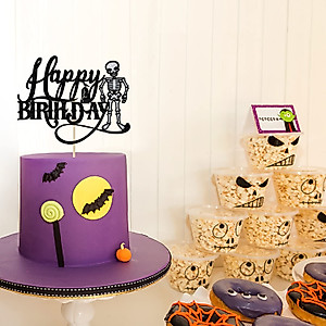 Black Glitter Skeleton Happy Birthday Cake Topper, Skull Spooky Birthday Party Décor, Halloween Theme Birthday Party Decoration Supplies