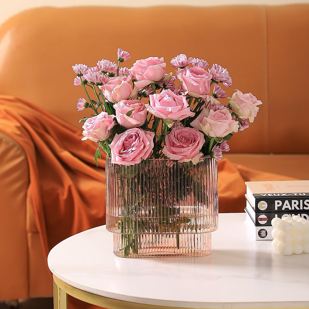 YANWE1 Ribbed Glass Vase, Pink Glass Vase, Flower Vase, Fluted Glass Vase, Ribbed Flower Vase, Clear Vase, Modern Vase for Living Room, Dining Room, Bathroom, Desk, Shelf, Wedding, Office, 7.1 Inches