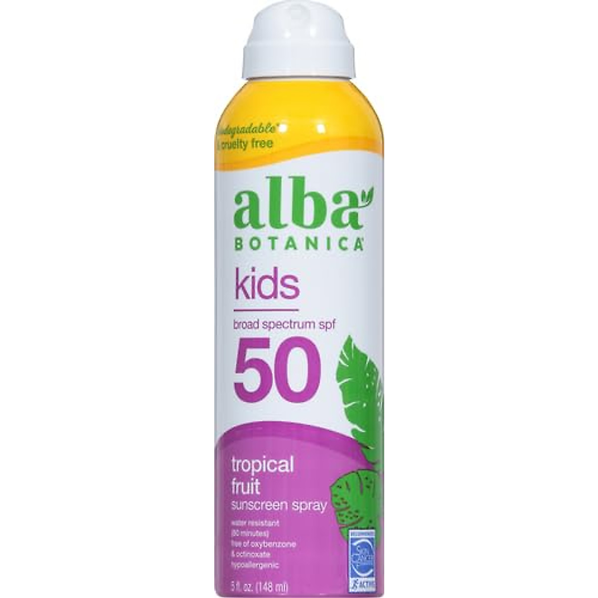 Alba Botanica Kids Sunscreen Spray for Face and Body, Tropical Fruit, Broad Spectrum SPF 50, Water Resistant, 5 fl. oz. Bottle