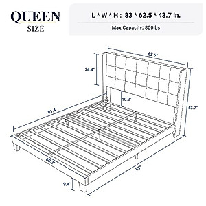 Allewie Queen Size Platform Bed Frame with Wingback/Fabric Upholstered Square Stitched Headboard and Wooden Slats/Mattress Foundation/Box Spring Optional/Easy Assembly, Navy Blue