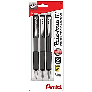 Pentel Mechanical Pencil 0.5 mm Twist Erase III - Twist Up Eraser - Pre-Loaded with Pentel Super Hi-Polymer HB Lead - Black Barrel - 3-Pack - Fine Point