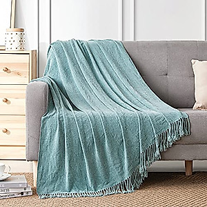 BOURINA Chenille Throw Blanket with Decorative Fringe for Couch Sofa Chair Blanket (50×60 Inches) Aqua