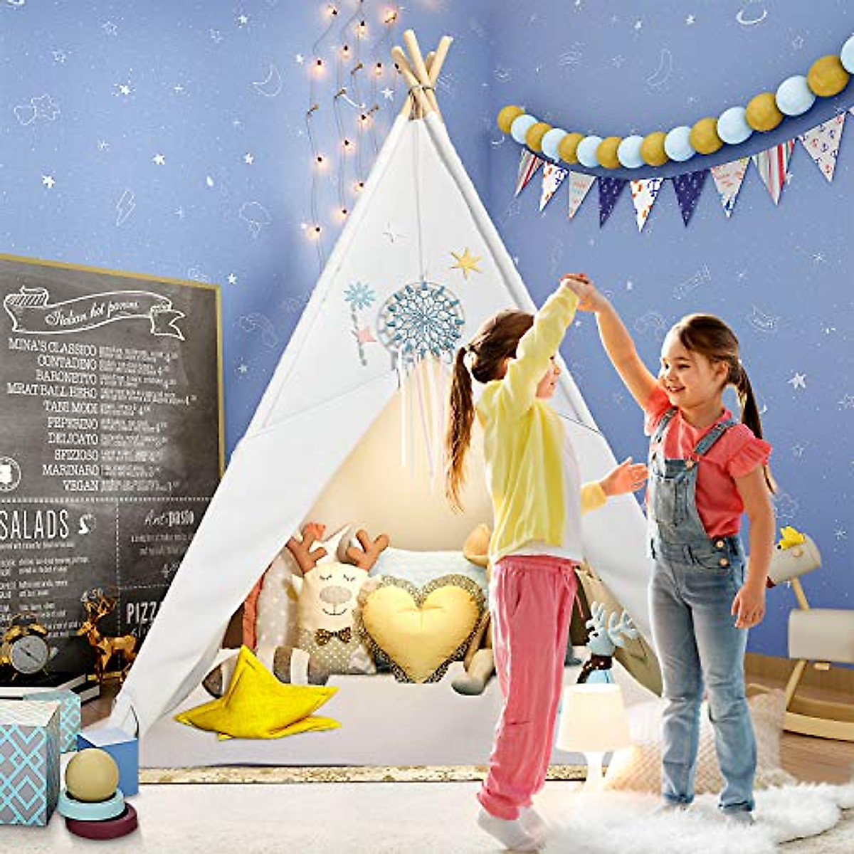 Teepee Play Tent for Kids with Gifts Coloured Flag, Feathers and Carry Case, Indoor Outdoor Playhouse for Baby Toddler, Teepee Toys for Boys and Girls