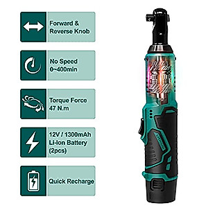 Kinswood Cordless Ratchet Wrench Set, 3/8" 400 RPM 12V Power Electric Ratchet Driver with 12 Sockets, 2x Lithium-Ion Batteries and 60-Min Fast Charge