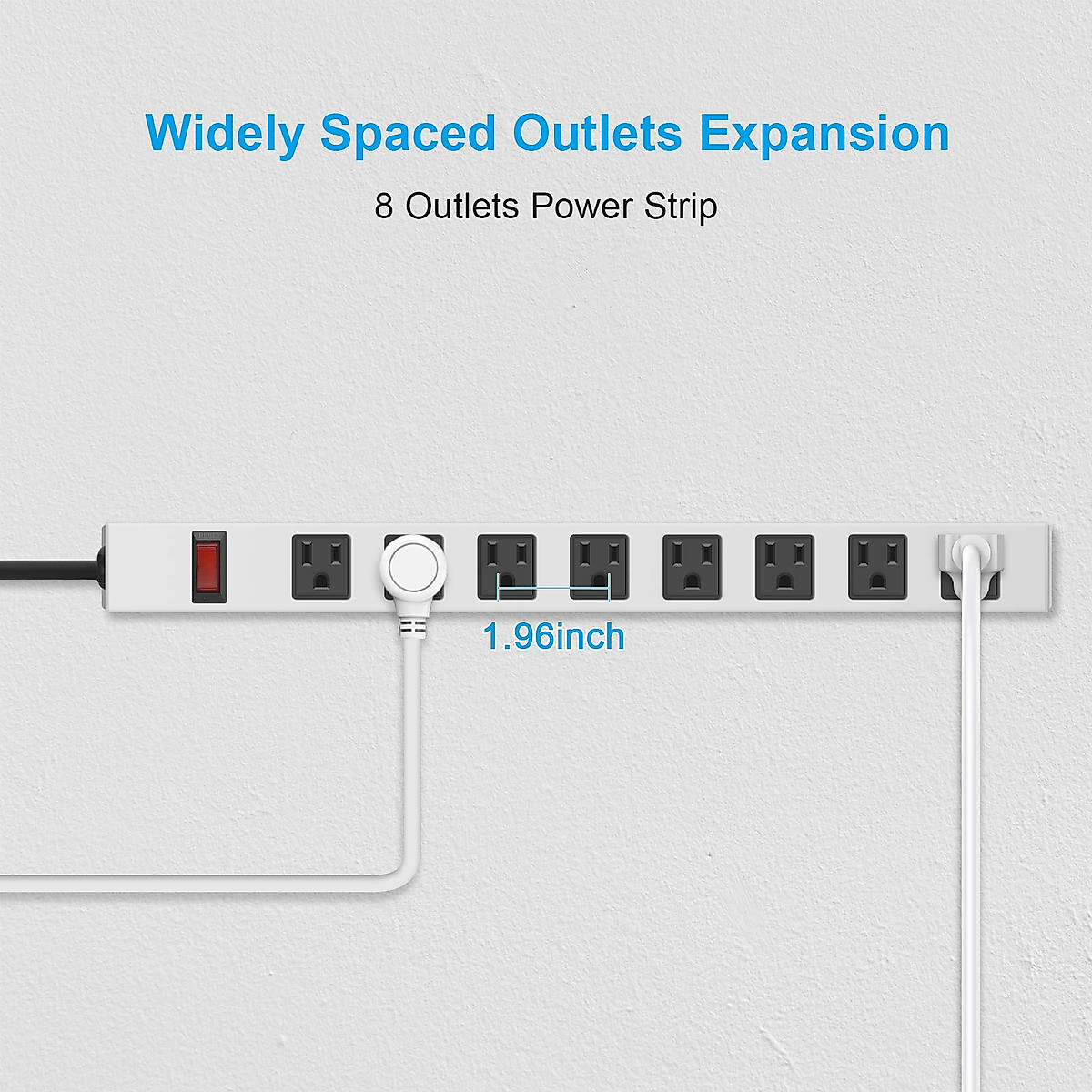 JUNNUJ Metal 8 Outlet Power Strip, Mountable Heavy Duty Power Strip, 1200J Surge Protector Wall Mount Screws Outlet with Switch, Gaming Desk Strips Wide Spaced 15A 125V 1875W, 6 FT 14AWG Power Cord