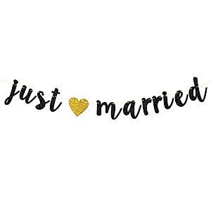 Black Glitter Just Married Banner - Just Married Sign - Wedding Banner - Bridal Shower / Bachelorette Party Decoration Supplies