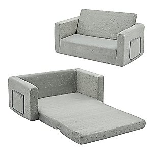 Ulax Furniture Kids Fold Out Couch 2-in-1 Children Convertible Sofa to Lounger with Soft Plush Fabric Grey