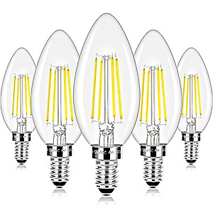 LED Candle Bulbs 40W Equivalent, E12 Candelabra Light Bulbs 4W 470Lm Clear Edison LED Bulbs, Daylight White 5000K Classic Bright Filament Bulbs, Non-Dimmable Decorative Bulbs for Lamps, Pack of 5