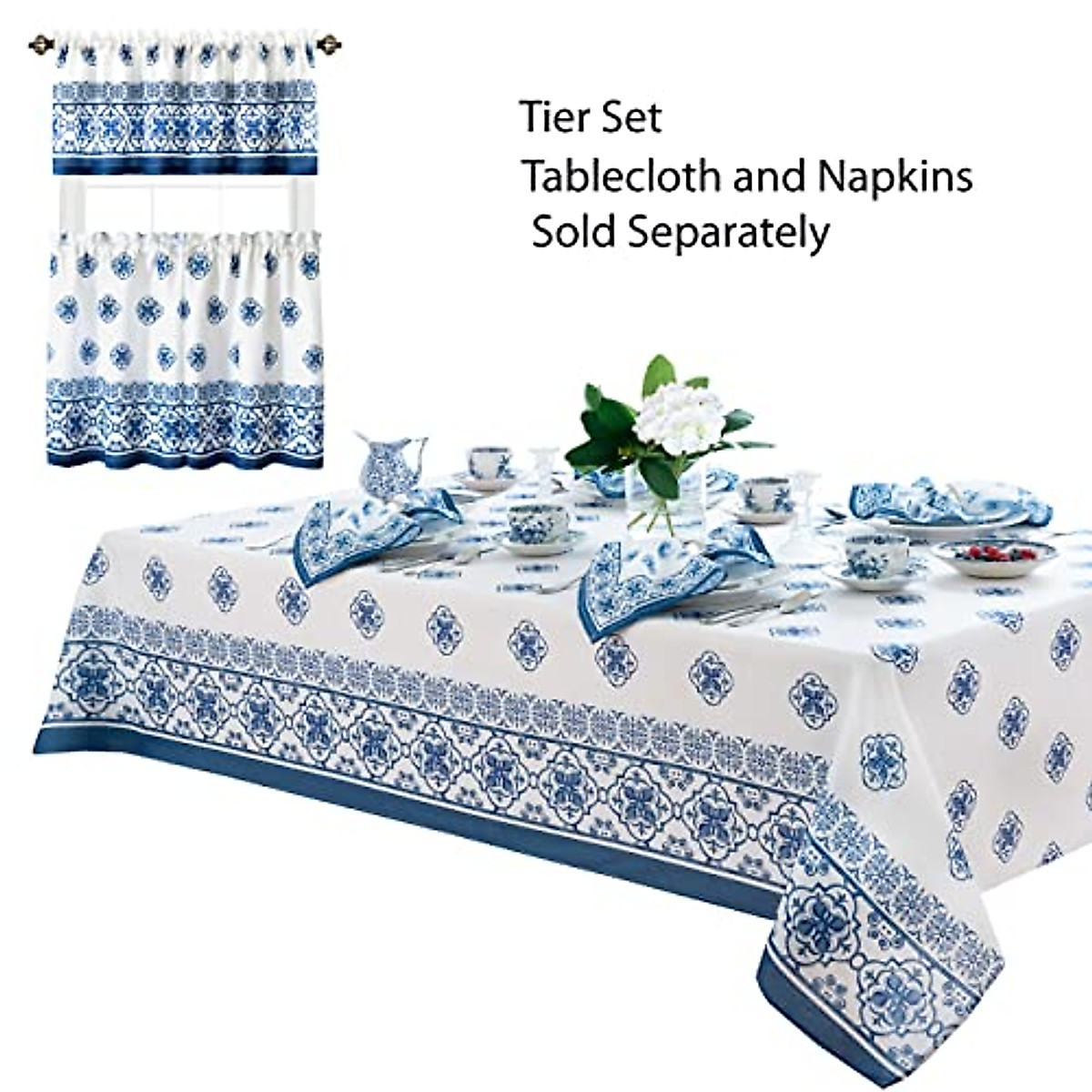 Newbridge Mykonos Blue Mediterranean Tile Bordered Fabric Tablecloth - Blue Medallion Print Indoor/Outdoor, Stain Resistant, No-Iron Tablecloth, 52 Inch x 70 Inch Oblong/Rectangle