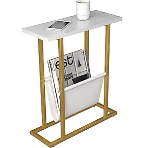 Yusong Small Narrow Side Table for Small Spaces, 17.7" W Slim End Table Magazine Table Nighstand with Storage Holder, Accent Skinny Snack Couch Bedside Table, Gold White, Complete Iron Pipes