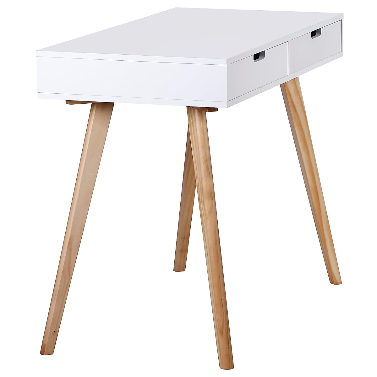 SUPER DEAL Mid Century Writing Computer Desk, Modern Home Office Laptop PC Desk with Two Storage Drawers & Solid Wood Legs, Console Table Makeup Vanity Table for Bedroom