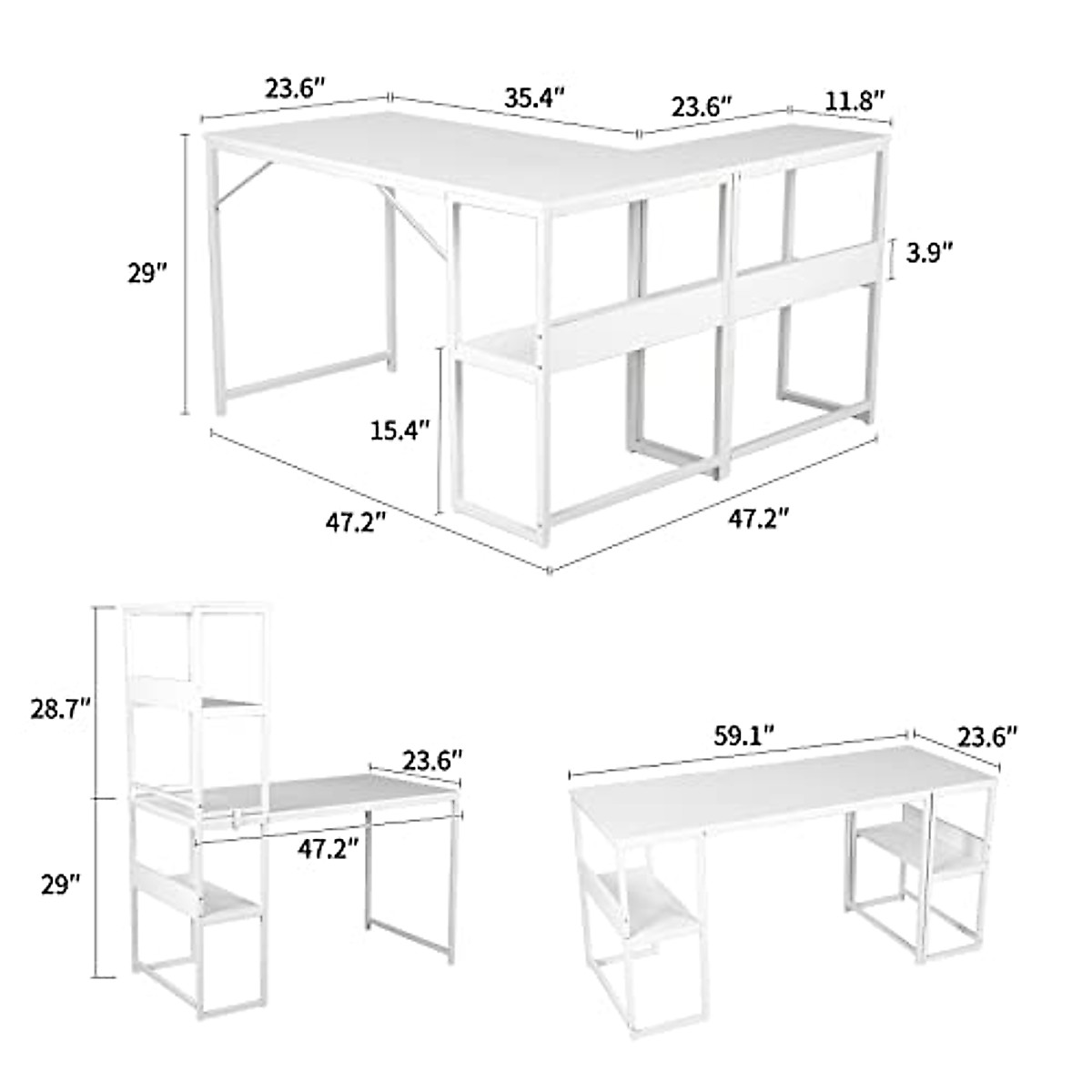 UNICOO – Muti-Function 3 Combination Computer Desk. L Shaped Computer Desk with Shelves, Study Desk with Reversible Storage Shelves for Home Office (XJH-2402 - White)
