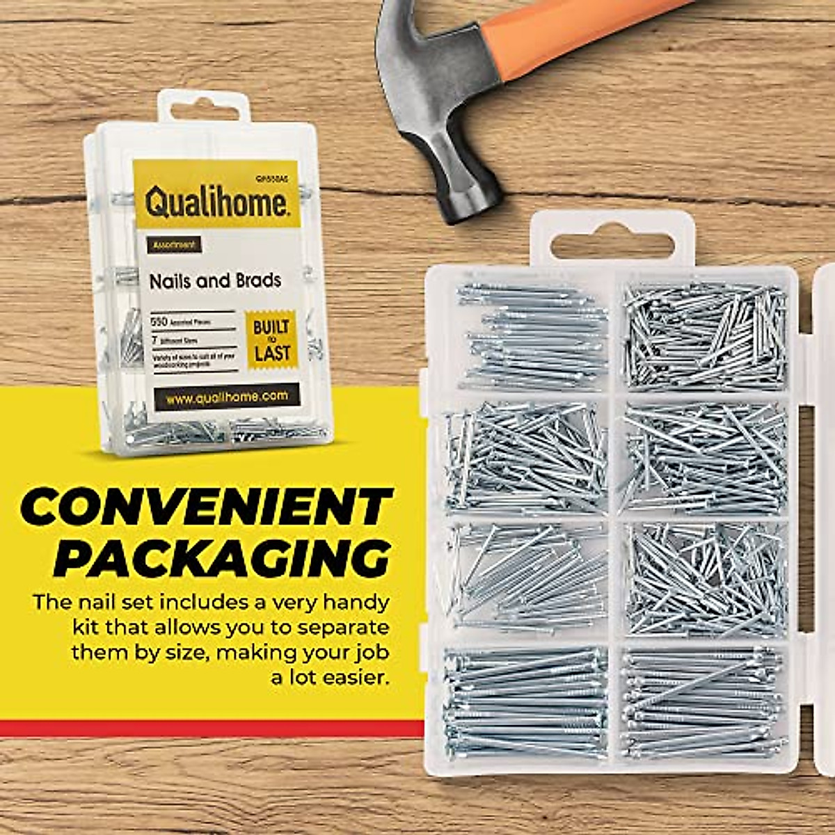 Qualihome Hardware Nail Assortment Kit, Includes Finish, Wire, Common, Brad and Picture Hanging Nails