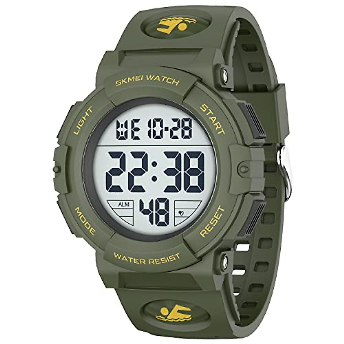 GOLDEN HOUR Mens Big Wide Screen Digital Display Waterproof Quartz Sport Watch with Resin Strap (Army Green)