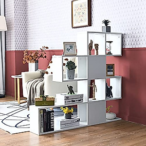 Tangkula 16 Shelves Bookshelf, Modern Ladder Corner Bookshelf, 9 Cubes Stepped Storage Bookcase, 5-Tier Display Shelf Storage Organizer for Home Office, 47 x 8 x 43 Inch, Room Divider Bookcase