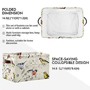 HMZXZ Retro Spring Summer Birds Canvas Fabric Storage Basket Collapsible Toys Storage Bin with PU Leather Handles Basket Box Organizer for Wardrobe Closet Shelves Organiser