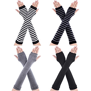Bememo 4 Pairs Punk Gothic Long Fingerless Gloves Knitted Arm Warmer Elbow Length Gloves Thumb Hole Gloves (Dark Grey, Light Grey, Striped Color)