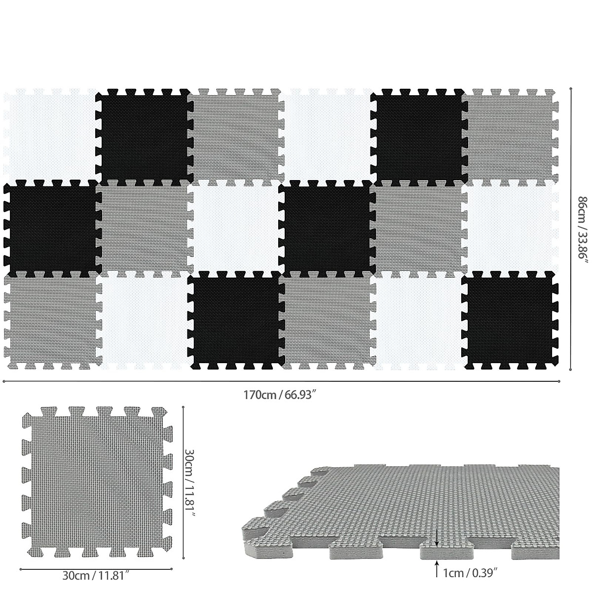 qqpp EVA Rubber 18 Tiles Interlocking Puzzle Foam Floor Mats - Baby Play Mat for Playing | Exercise Mat for Home Workout. White, Black, Gray. QC-ADLb18N