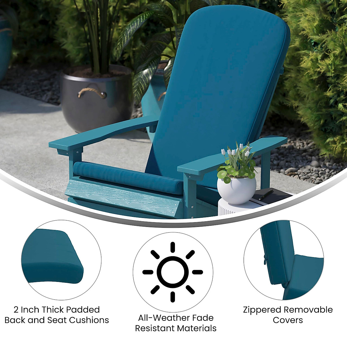 BizChair Set of 2 Folding Adirondack Chairs with Cushions - White Poly Resin Frame - Teal All-Weather Cushions - Indoor/Outdoor Use