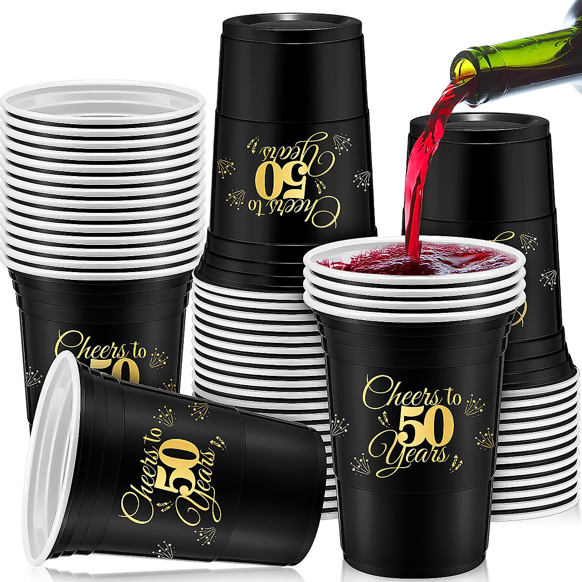 Mifoci 100 Pack Cheers to 40 50 60 70 Years Birthday Cups 16 oz Disposable Party Cups Decorations for Birthday Party Favors Men Women Wedding Anniversary Supplies(50th)