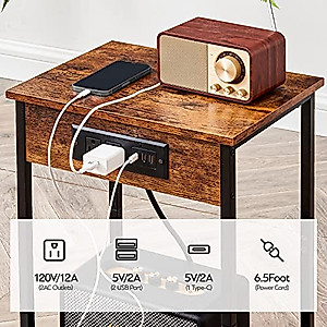 Sinewayone Nightstands Set of 2, End Table with USB-C Ports and Outlets, 2 Tier Side Table with Charging Station for Living Room, Bedroom, Office, Small Spaces, Sofa Couch, Rustic Brown