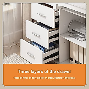 FUFU&GAGA 55.1" Large L-Shaped Office Desk with 41.3" File Cabinet, Corner Computer Desk with 3 Drawers & 2 Shelves, Workstation Executive Desk with Storage Shelf for Home Office (White)