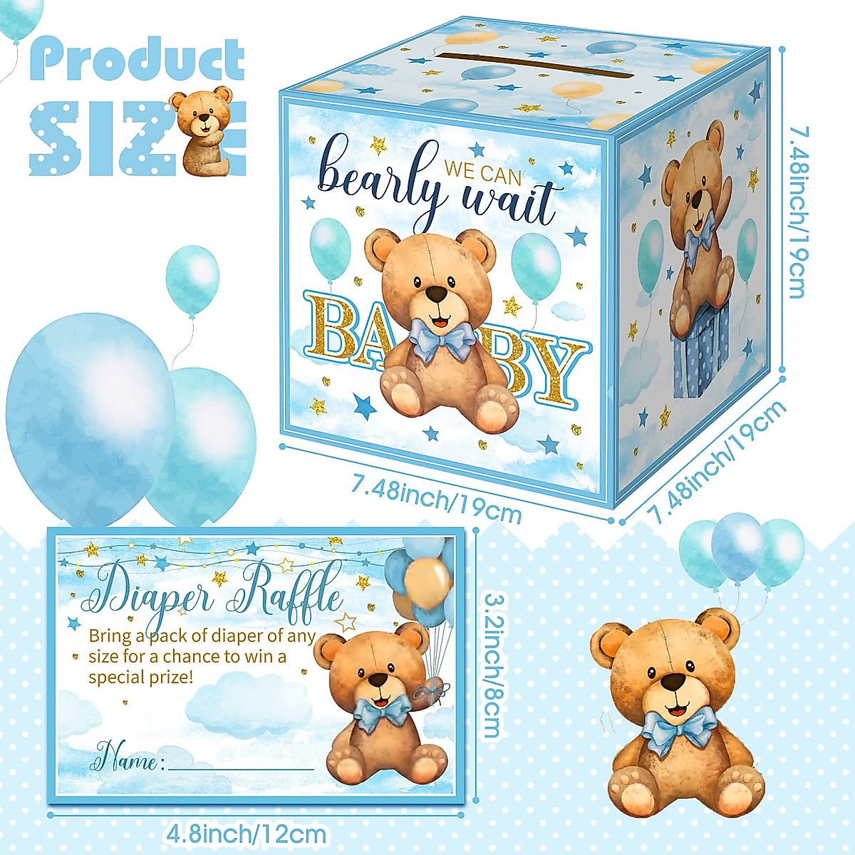 Spakon 51 Pieces Bear Diaper Raffle Tickets with Diaper Raffle Card Box for Baby Shower Decorations Diaper Raffle Sign Blue Bear Themed Insert Card Advice and Wishes Diaper Raffle Insert Ticket