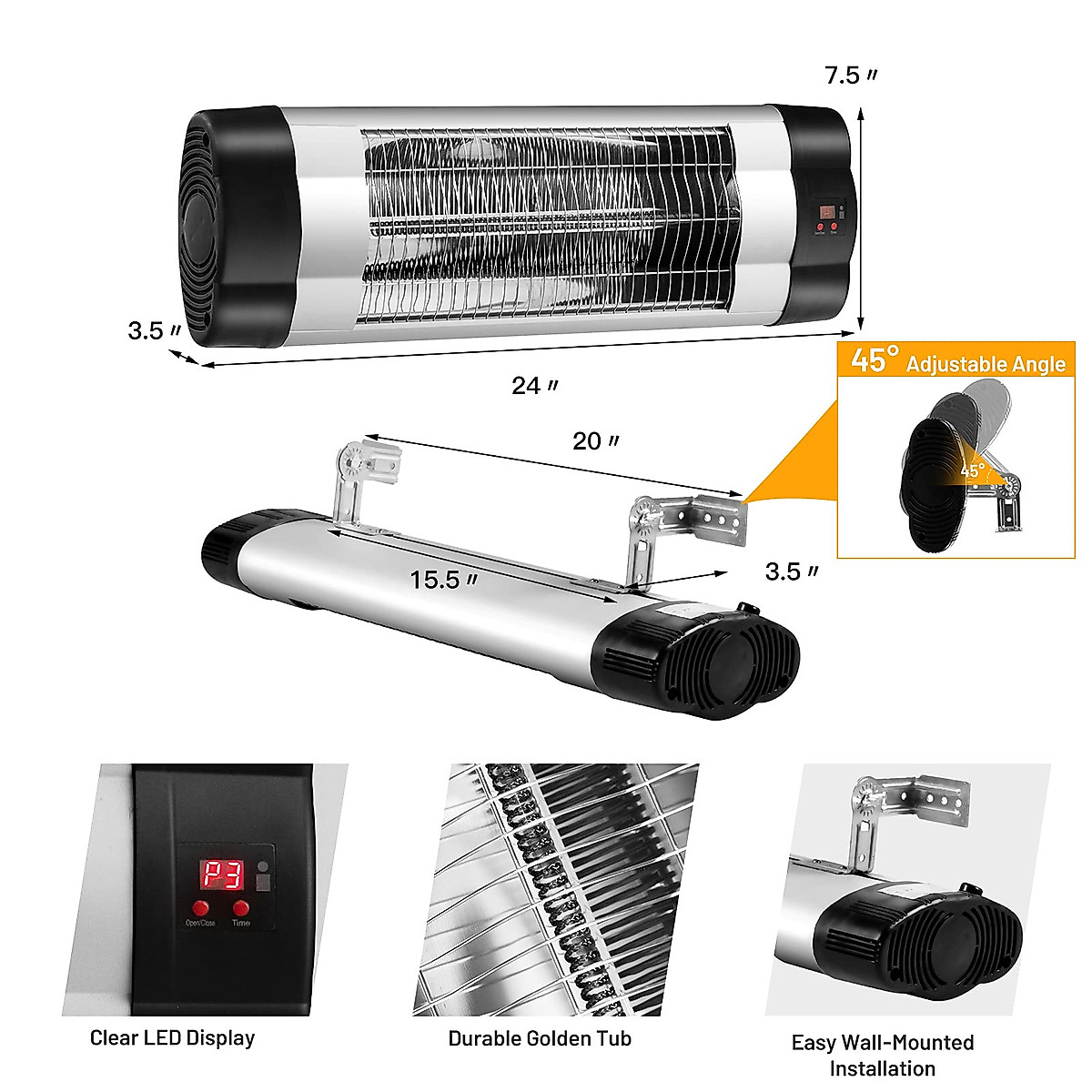 Tangkula 1500W Wall-Mounted Patio Heater, Electric Infrared Heater with 3 Heat Settings, Remote, 24 H Timer & Overheat Protection, IP34 Waterproof Outdoor Heater for Garage, Backyard, Home