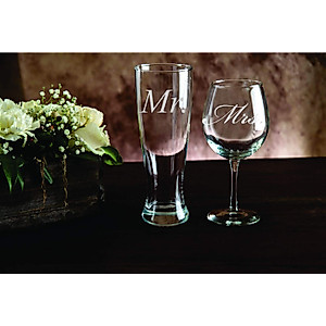 C & M Personal Gifts Wine Glasses (Set of 2) Mr. and Mrs. Engraved Beer Glass and Wine Toasting Glass Set -Clear Glass for Newly Weds Couple, Made in USA