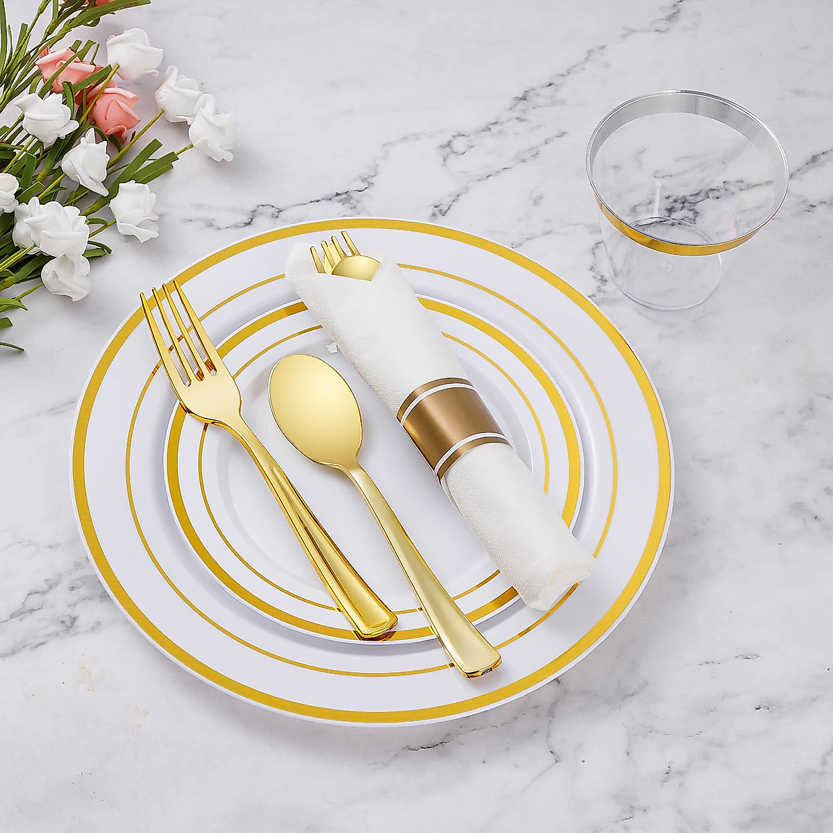 Goodluck 350 Piece Gold Plastic Dinnerware Set for 50 Guests, Fancy Disposable Plates for Party, Include: 50 Dinner Plates, 50 Dessert Plates, 50 Pre Rolled Napkins with Silverware, 50 Cups