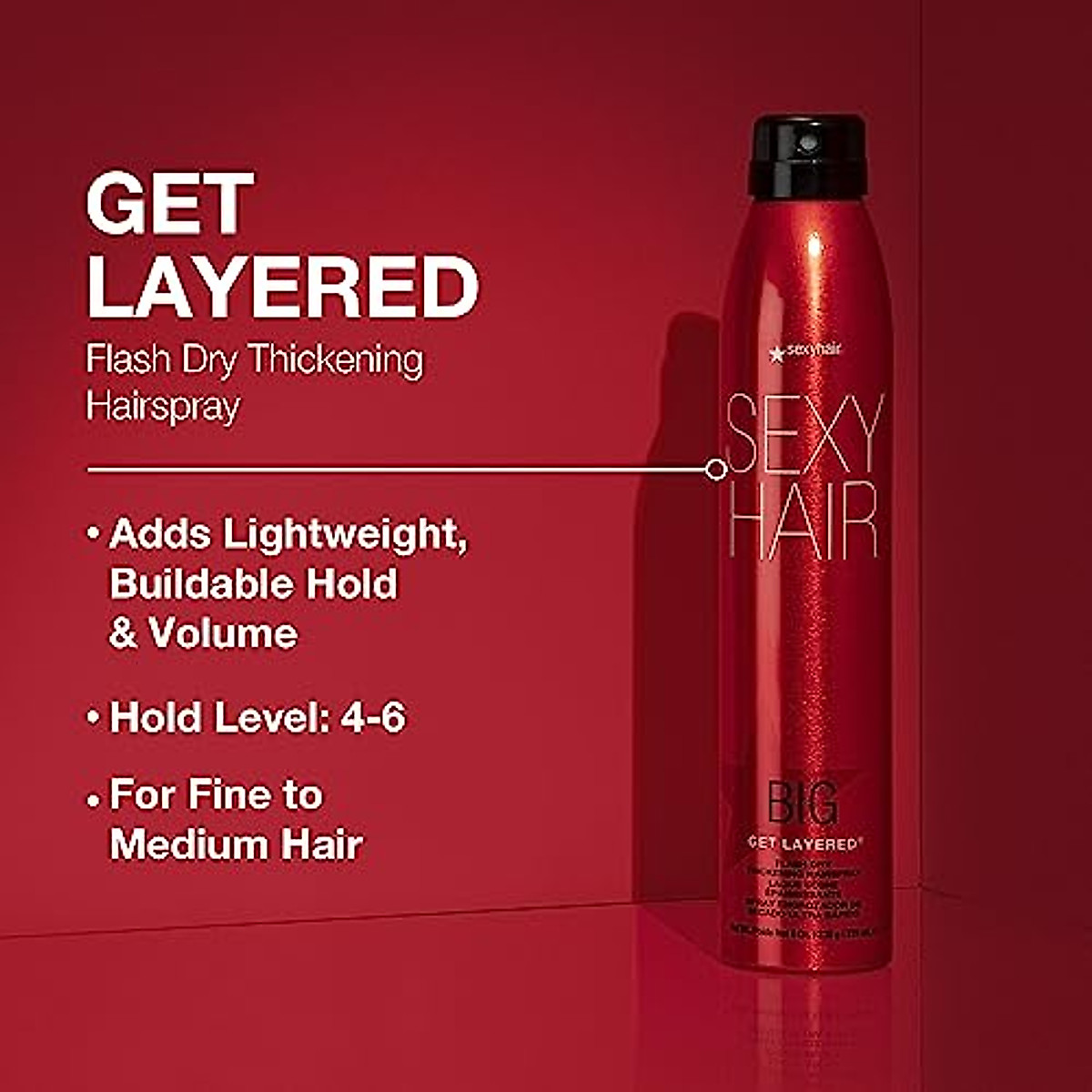 SexyHair Big Get Layered Flash Dry Thickening Hairspray, 8 Oz | Buildable Texture, Volume and Shine | Up to 72 Hours of Humidity Resistance