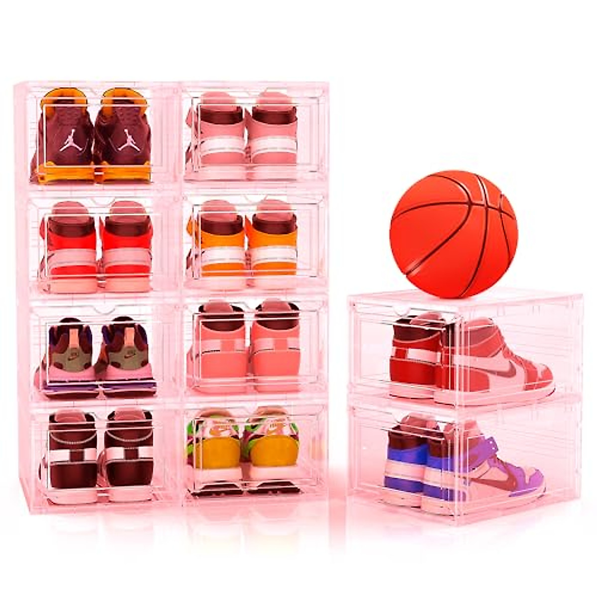 Mitees 10 Pack XX Large Thicken Sturdy Hard Plastic Clear Stackable Shoe Storage Boxes for Size 12, Sneaker Shoe Rack Containers Holders Bins Display Case Organizer for Closet, Red Clear