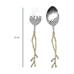 Twig Salad Servers Brass & Stainless Steel, Fork & Spoon Set Leaf Design, Two Tone Ideal for Weddings, Dinner Parties, Elegant Flatware, Housewarming Gifts, Stainless Steel Mirror Polished (Gold Twig)