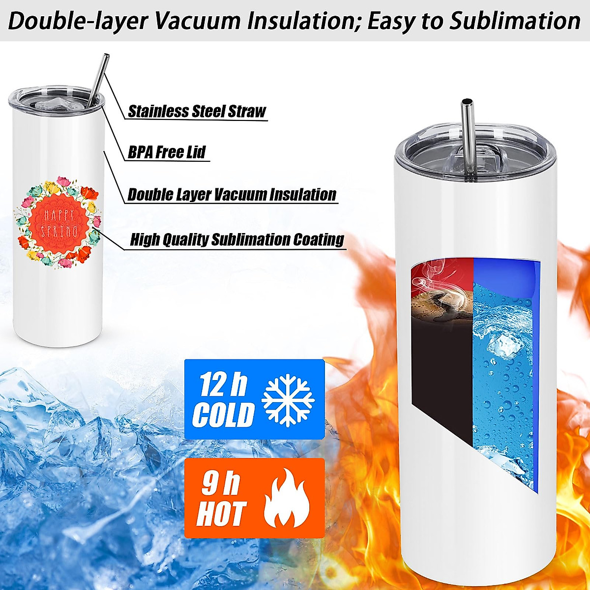 Maucircol 50 Pack Sublimation Tumblers Bulk, 20 oz Skinny Straight Sublimation Tumbler Blank, Stainless Steel Sublimation Cups with Lid and Straw, Shrink Wrap, Sublimation Paper, Individually Boxed