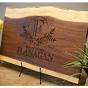 Personalized Cutting Board Wedding Gift – Walnut Live Edge Wood Customized Monogramed Bride Groom Unique Engraved Rustic Elegance Display Newlywed Couple Parents Anniversary Housewarming Christmas