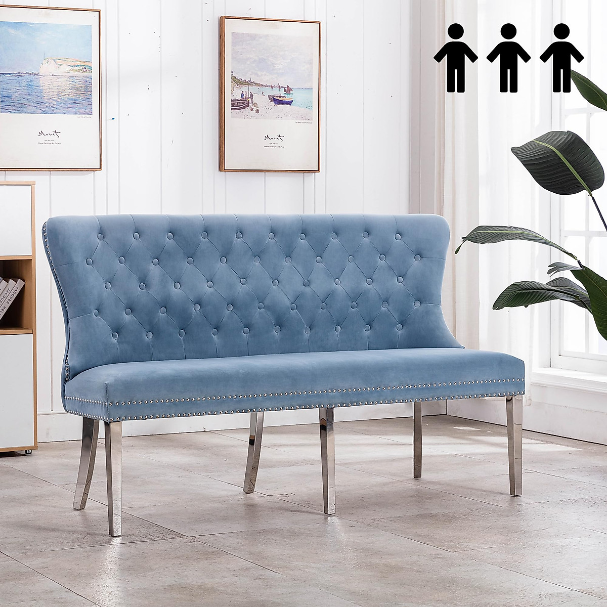 LOULENS 65'' Upholstered Velvet Settee Bench 3 Seater, Modern Tufted Banquette Bench with Back, Accent Loveseat Sofa with Stainless Steel Leg for Dining, Living Room (Blue)