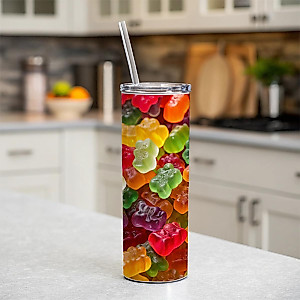 Lots of Gummi Bears Skinny Tumbler 20oz with Straw Insulated Water Bottle Gift