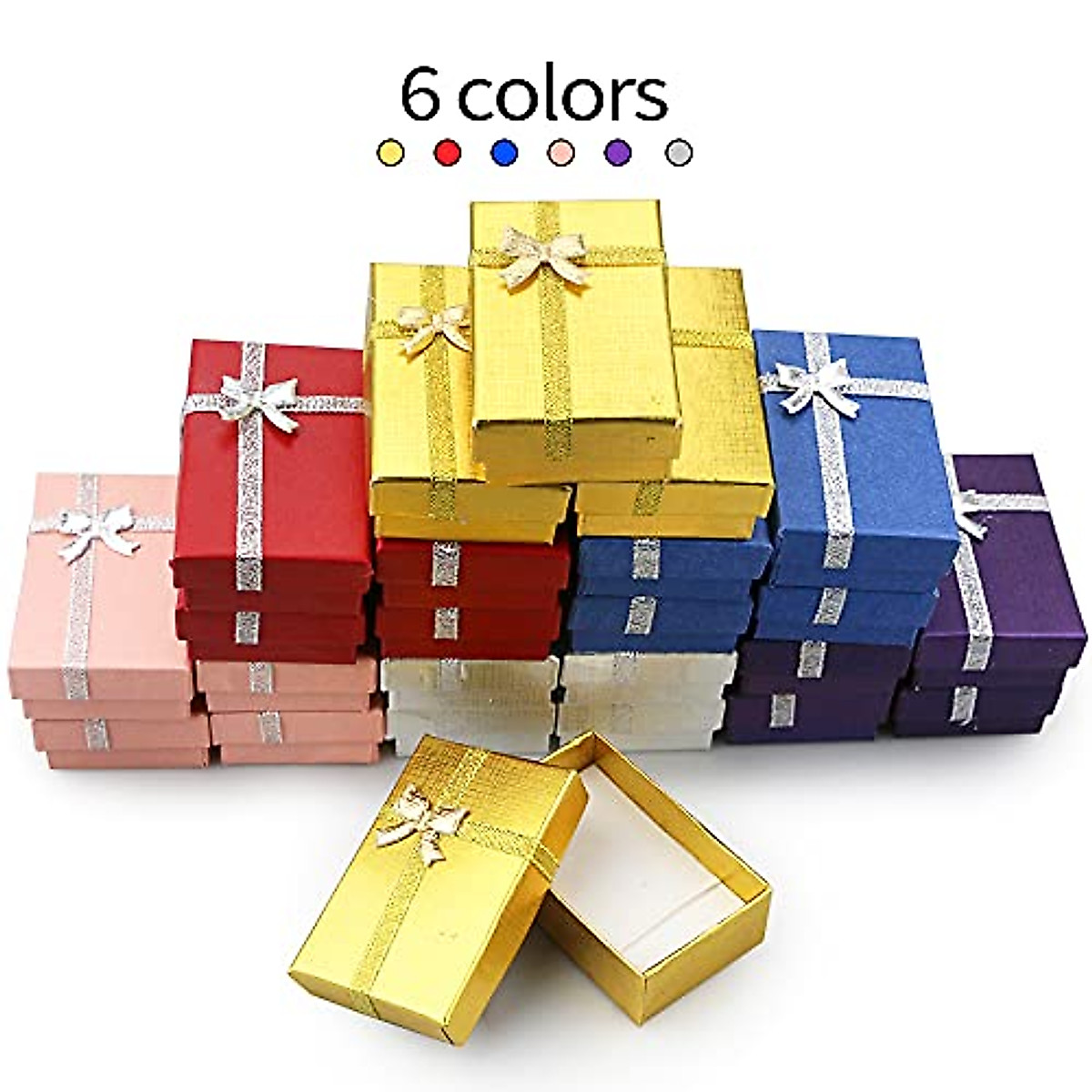 ISUSSER Pack of 24 Paper Gift Boxes with Lids and Ribbon Bows, 2x3.2x1 Inch, for Gifts, Necklaces, Earrings, 6 Colors
