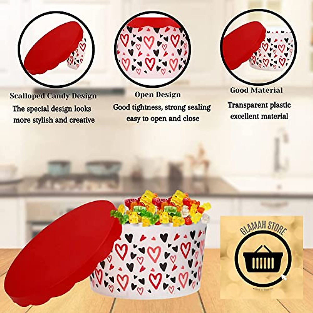 GS Valentines Plastic Tubs with Scallop Lids, Round Food Container for Cookies Candies Gift Canister & Party Favor Home Kitchen Valentines Day Decoration Set of 2 with HFW Bonus Gift (Designs Vary)