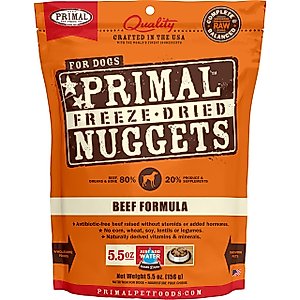 Primal Freeze Dried Raw Dog Food Nuggets, Beef, Complete & Balanced Meal, Also Use as Topper or Treat, Premium, Healthy, Grain Free, High Protein Raw Dog Food, 5.5 oz