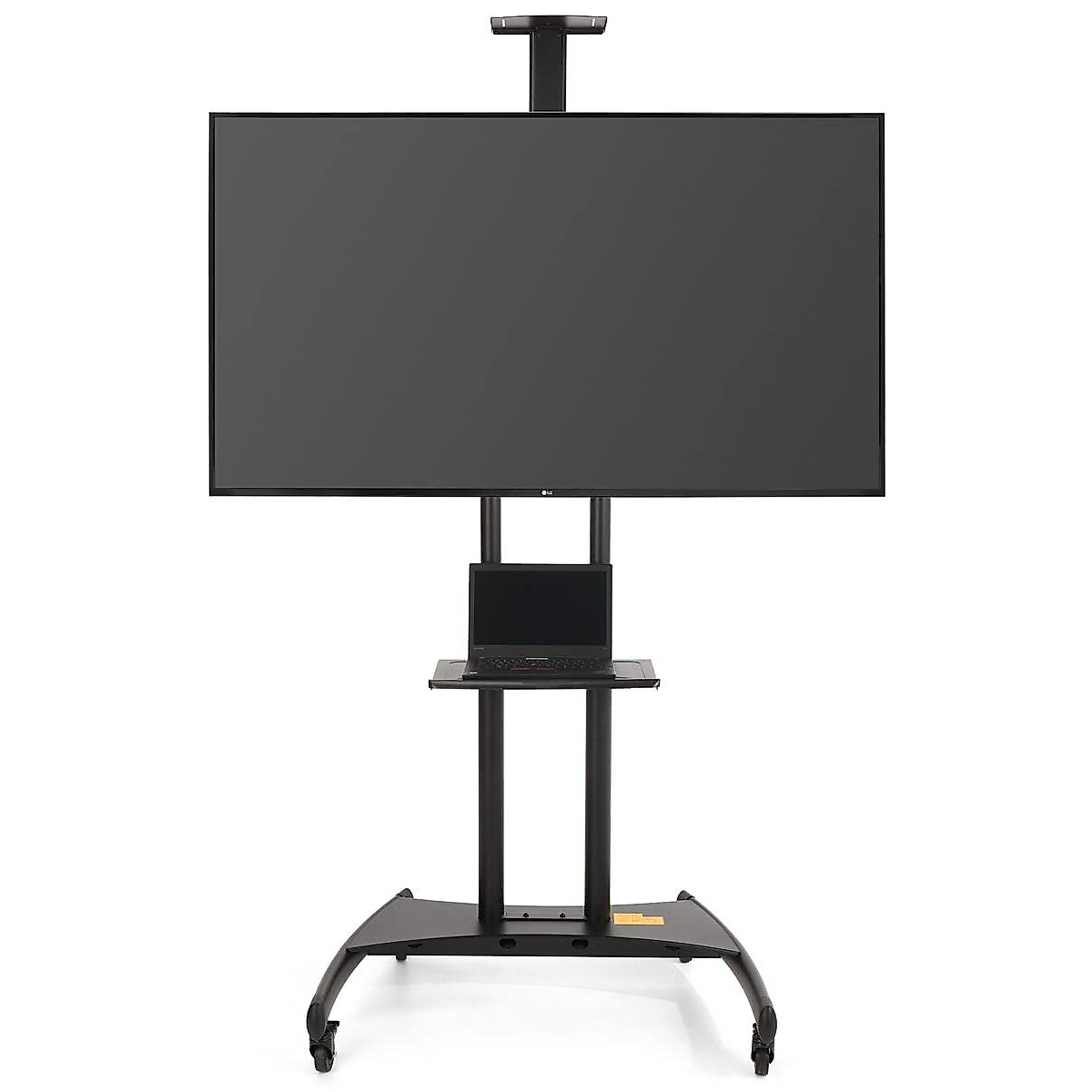 Displays2go Commercial Flat Screen TV Holder, Locking Wheels, Media Shelf, Aluminum Construction – Black (EM6580BK)