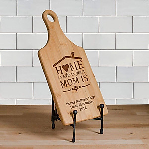 Engraved Home is Where Your Mom is Paddle Cutting Board, Personalized Mother's Day Gift, Made of Durable Bamboo, 7" W x 13.5" L