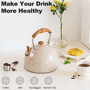 2.6 Quart/2.5 Liter Whistling Tea Kettle Stainless Steel Tea Pots for Stove Top Stylish Kettle With Wood Pattern Anti-slip Handle, White