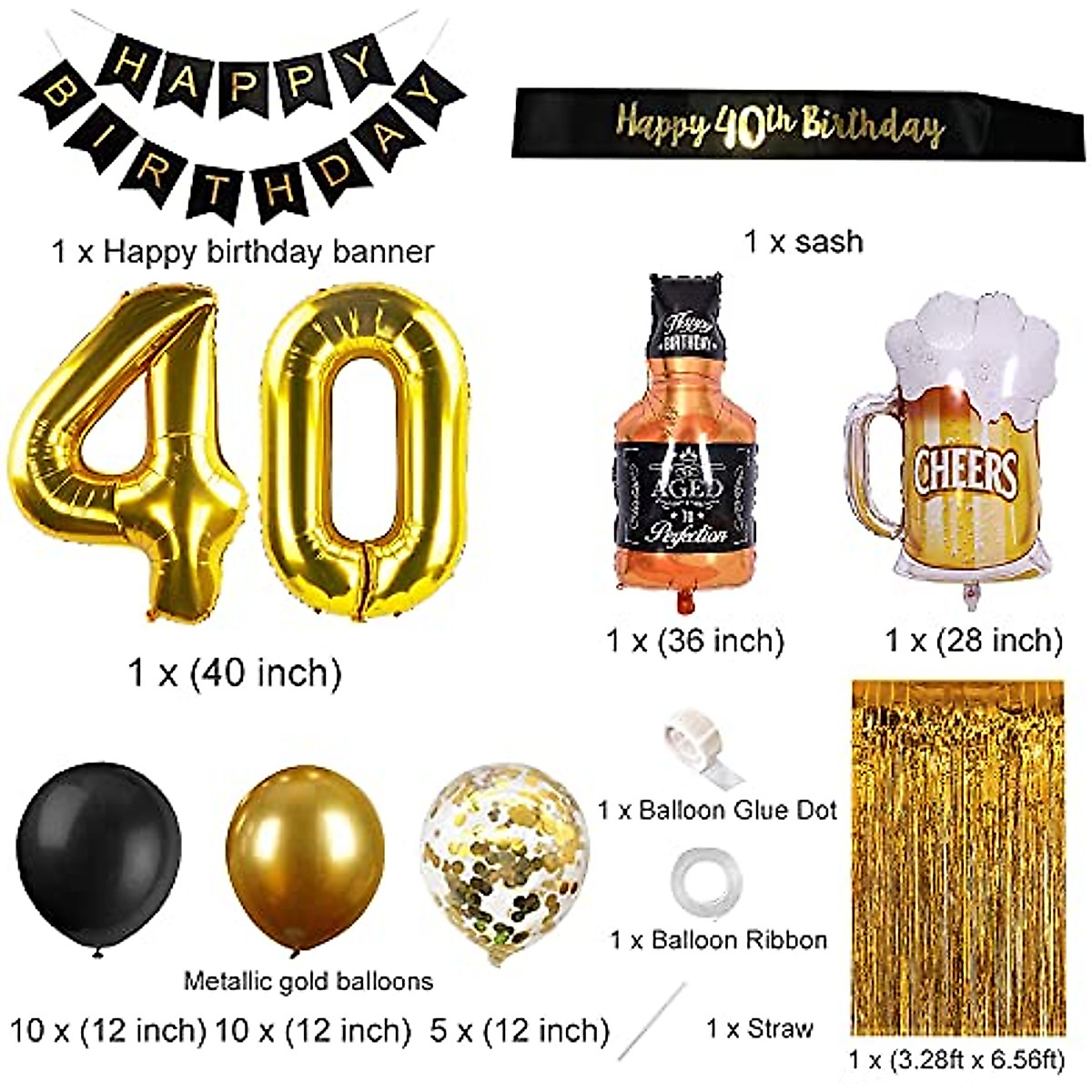 40th Birthday Decorations for Men, Black and Gold Happy Birthday Decorations for Women Men 40th Birthday Party - 40th Birthday Decorations Black and Gold for Him Her 40 Birthday Party Supplies