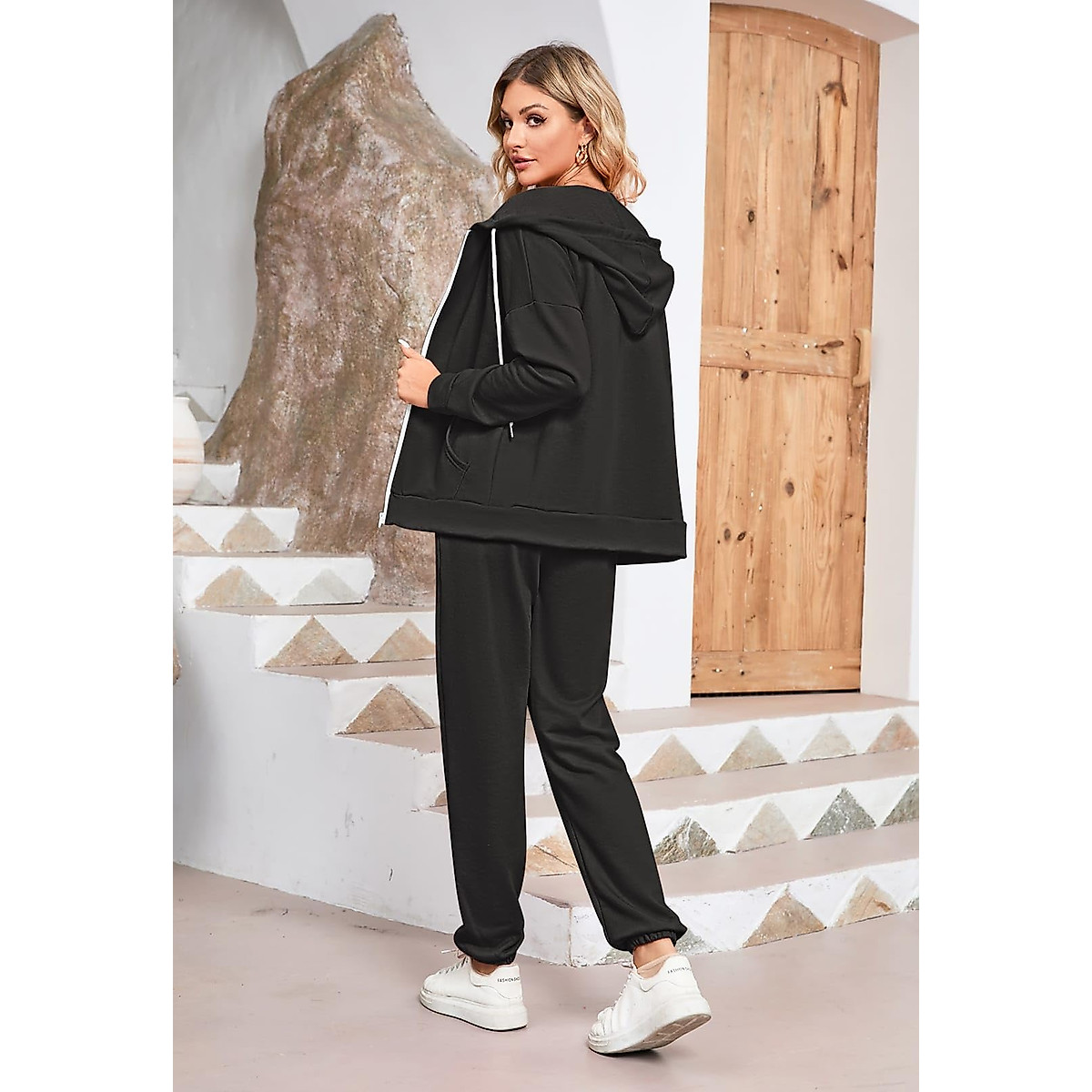 TOLENY Two Piece Workout Sets for Women Hoodie Coat and Jogging Pants Sweatsuit Outfits Black L