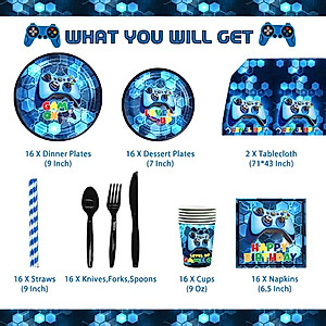 Blue Video Game Party Supplies - 212Pcs Gamer Gaming Party Decoration For Boys Birthday Party - Table Cover, Plates, Cups, Napkins, Utensils, Hanging Swirls, Birthday Banner, Cupcake, Topper Cake Topper & Balloons Serves 16 Guests