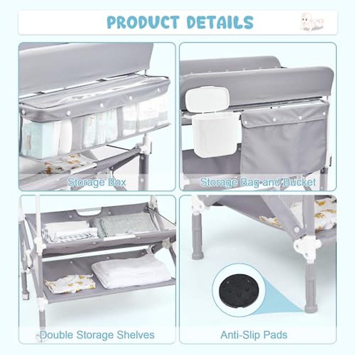 Babevy Portable Baby Changing Table, Foldable Diaper Change Table with Wheels, Adjustable Height, Cleaning Bucket, Changing Station for Infant Mobile Nursery Organizer for Newborn (Light Grey)